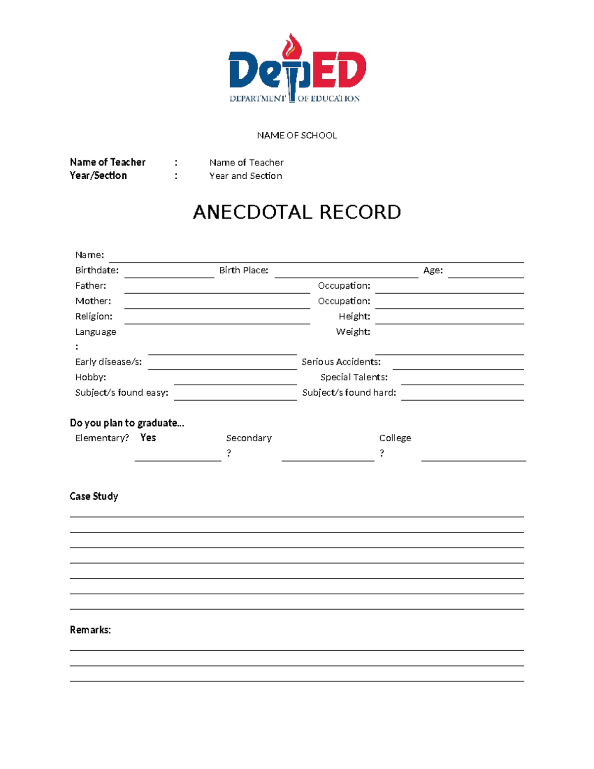 Examples Of Anecdotal Records For Teachers
