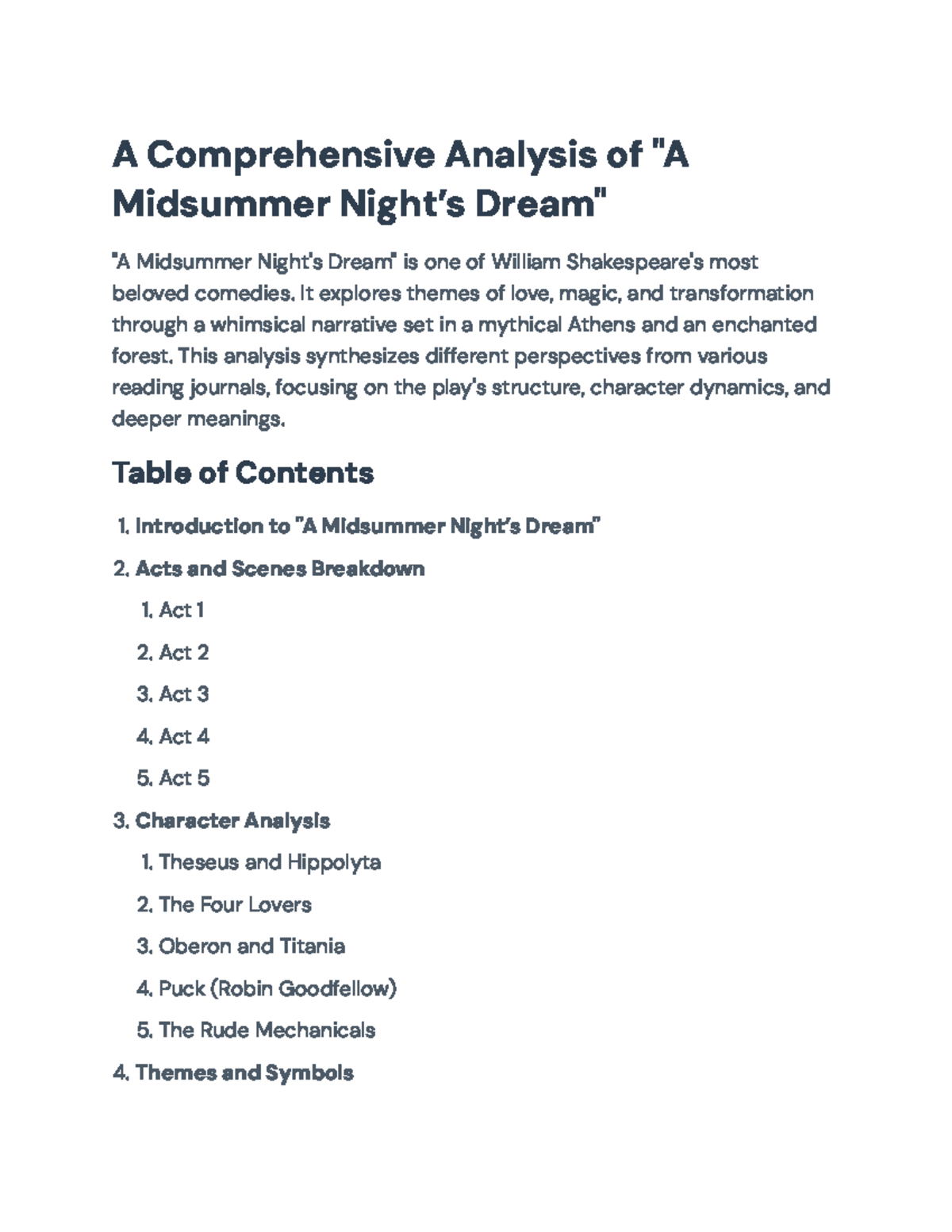 Comprehensive Analysis of "A Midsummer Night’s Dream" (ENGL 101) - A ...