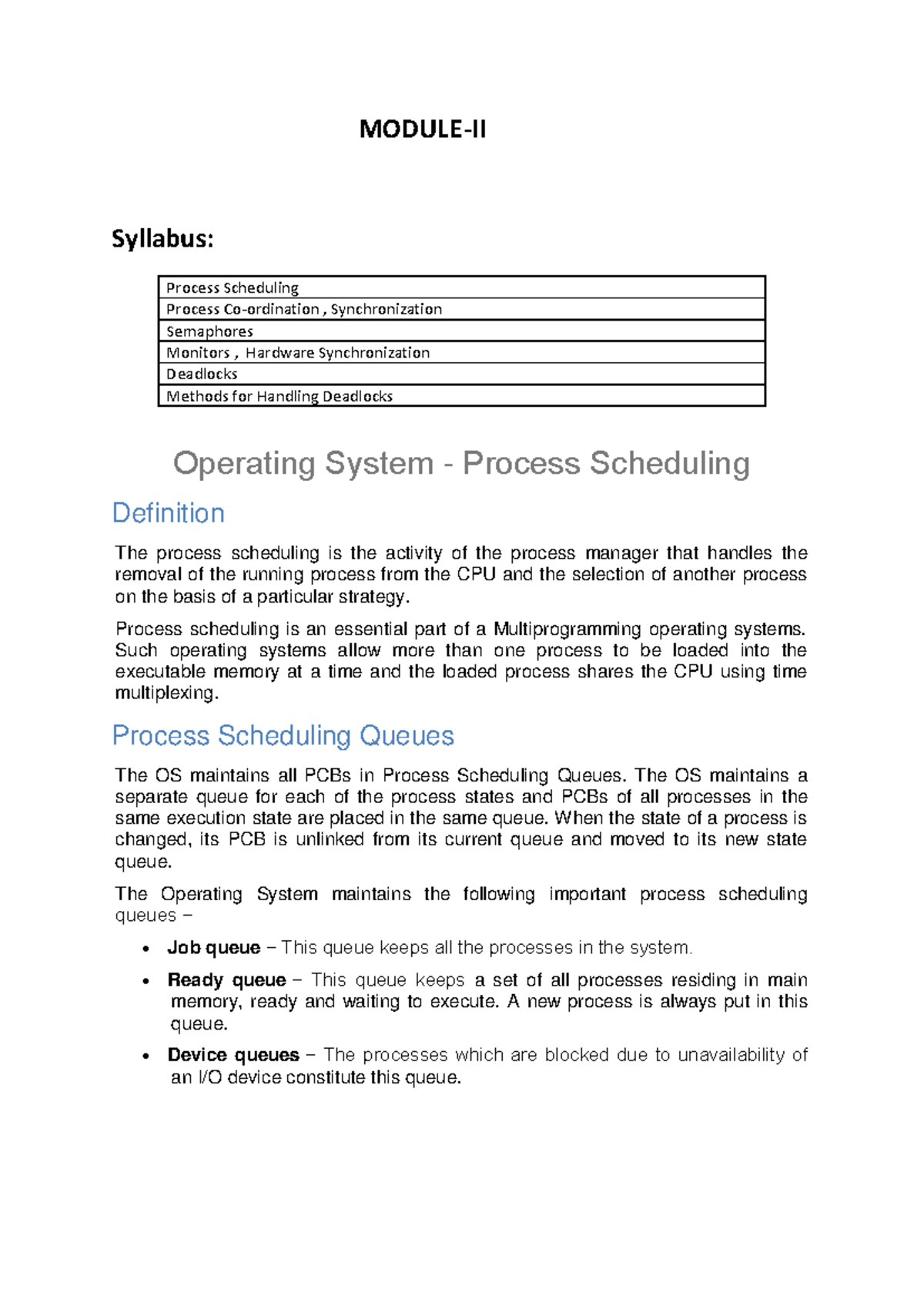 Operating Systems - Module 2 - MODULE-II Syllabus: Process Scheduling ...