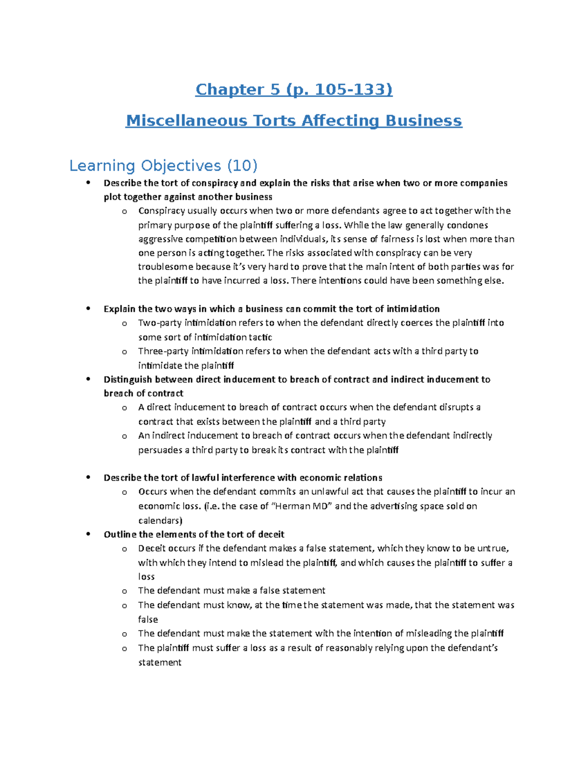 Chapter 5: Key Business Torts and Their Legal Implications - Studocu