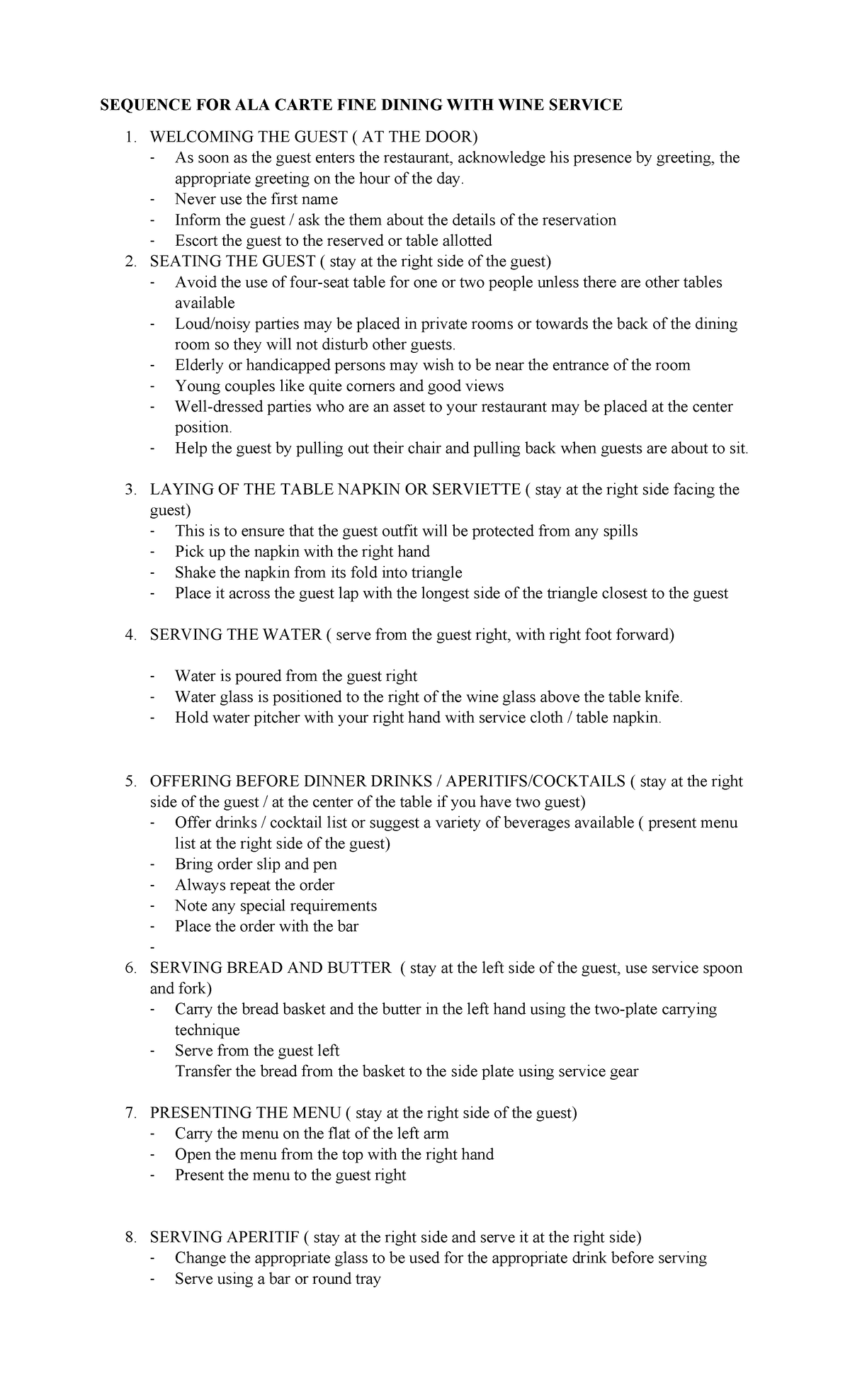2024 ALA Carte Fine Dining with Wine Service Sequence Guide - Studocu