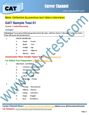 Gat sample paper 2 - GAT exam - GAT General Sample Paper Number of ...