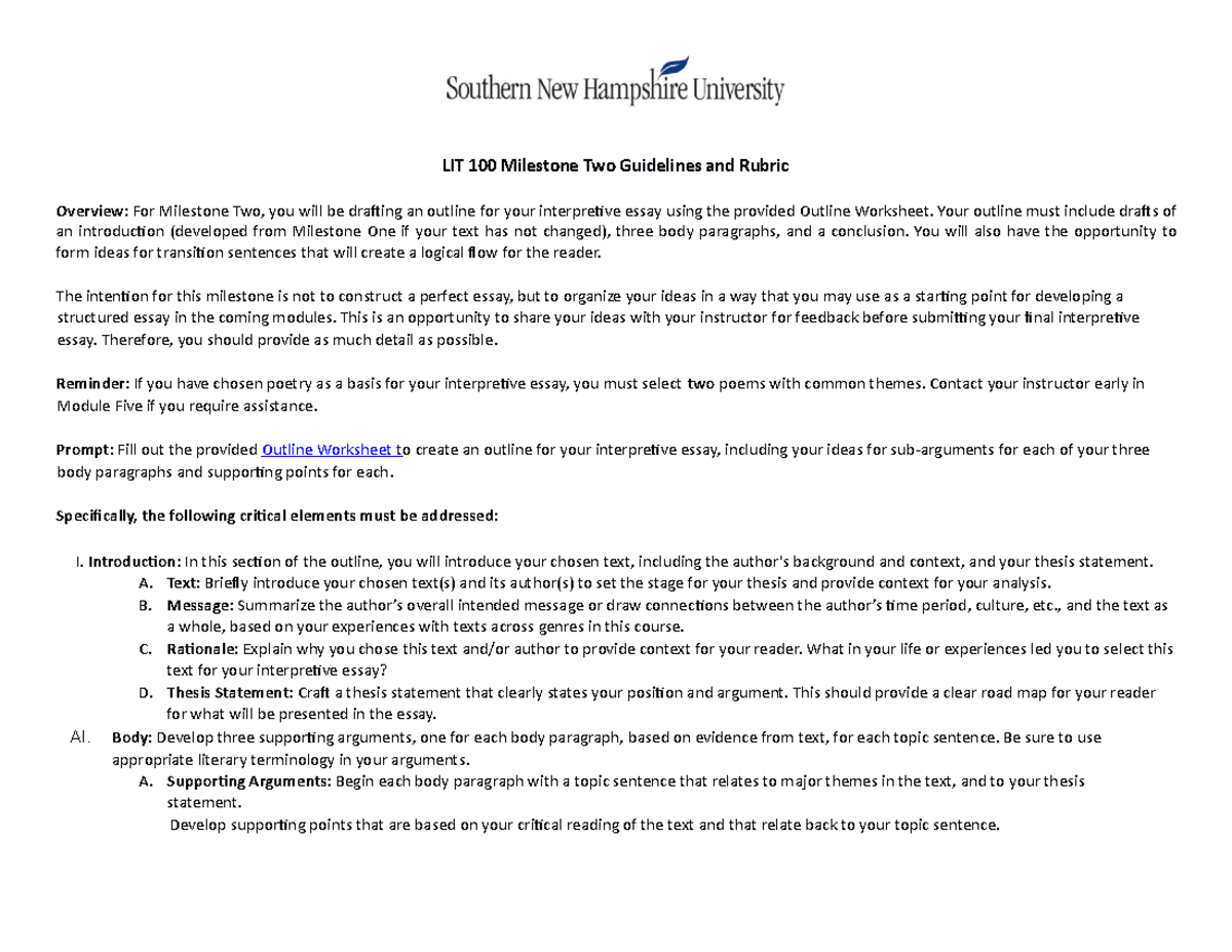 LIT 100 Milestone Two: Essay Outline Guidelines and Rubric - Studocu