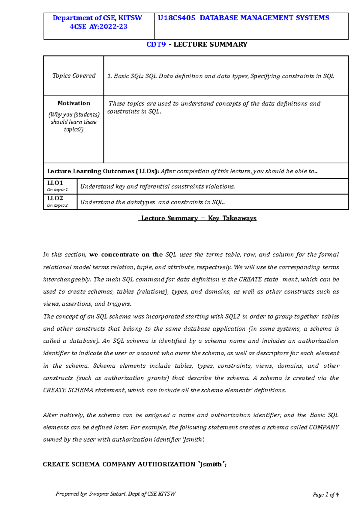Sql Data Definition And Data Types Specifying Constraints In Sql Department Of Cse Kitsw