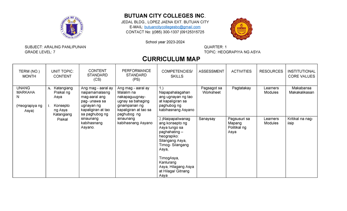 AP 7 1st-4th QRT. CUR - CURRICULUM MAP - BUTUAN CITY COLLEGES INC ...