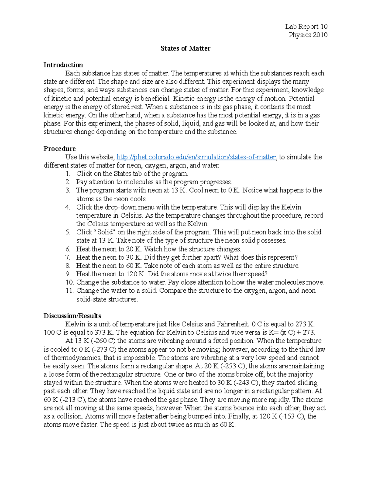 Lab Report 10 - Physics 2010 States of Matter Experiment Analysis - Studocu