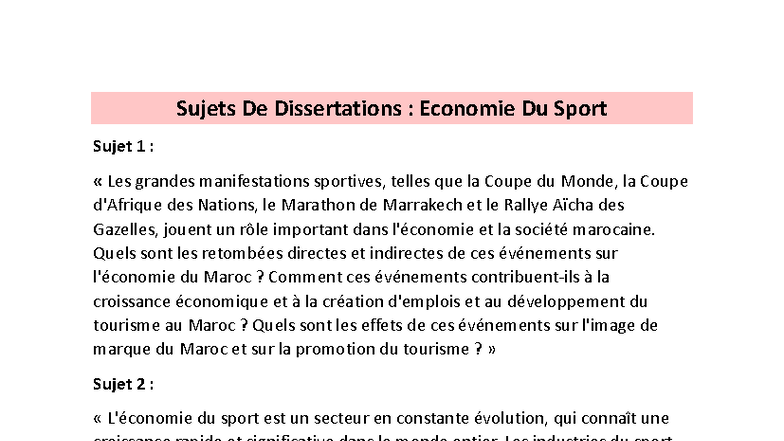 Sujets de Dissertations : Économie du Sport - Analyse des Événements ...