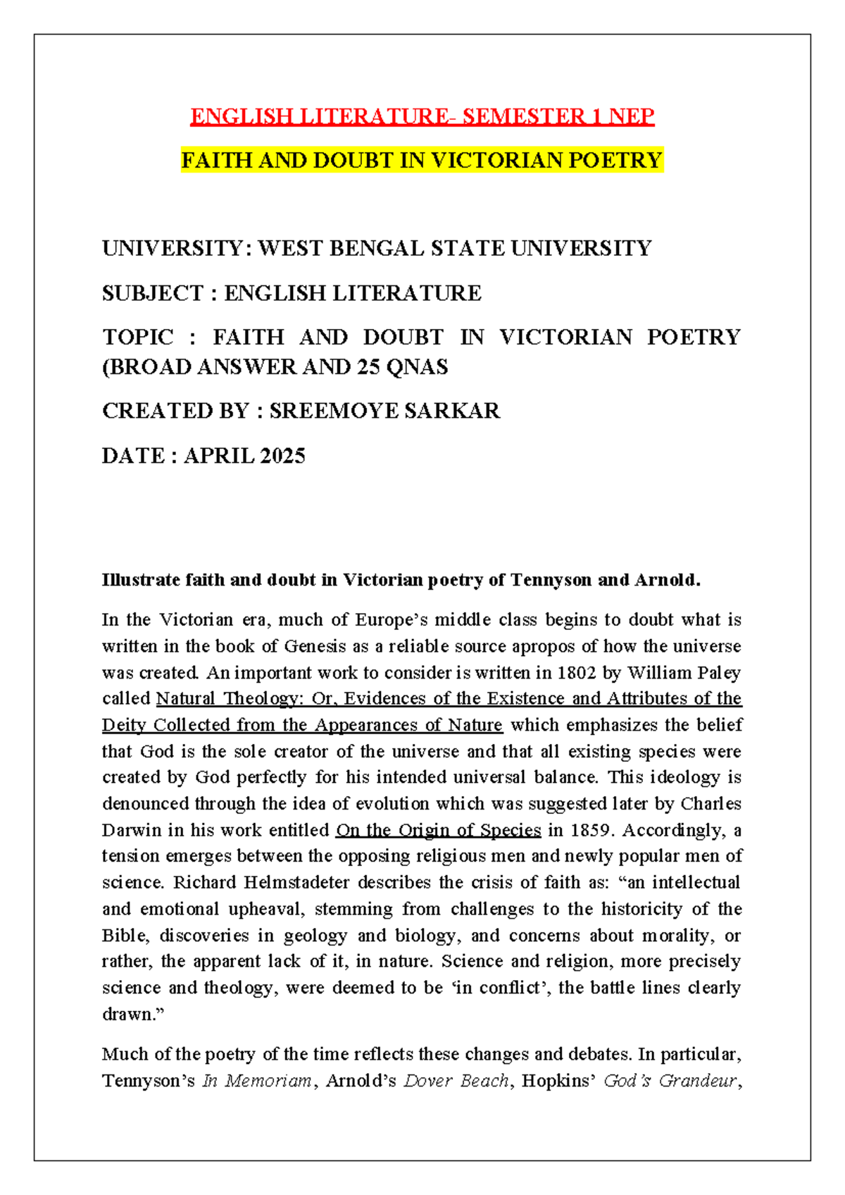 Faith and Doubt in Victorian Poetry: Insights and Q&A (ENG 101) - Studocu