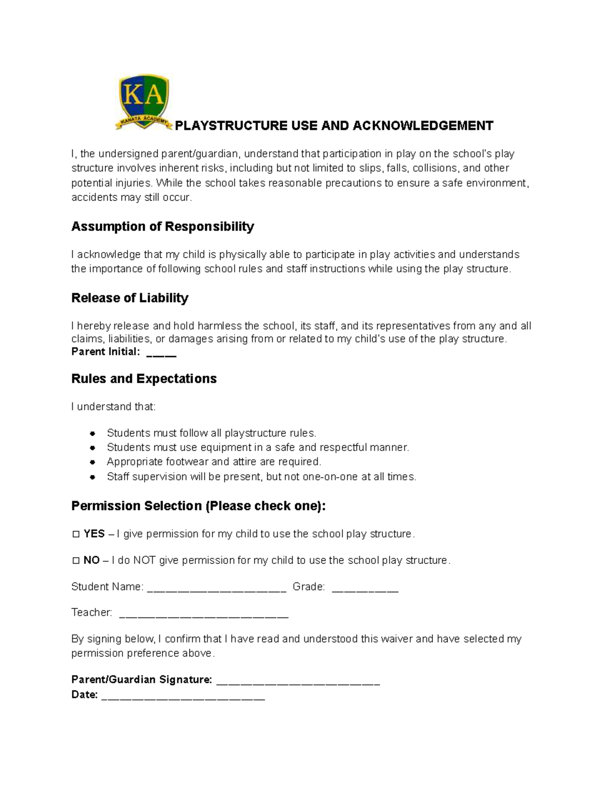 Playstructure Use Acknowledgement Form - Waiver and Permission - Studocu