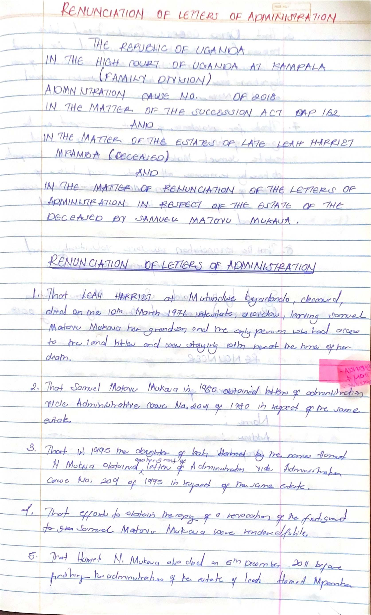 Renunciation of Letters of Administration - High Court Uganda (2018 ...