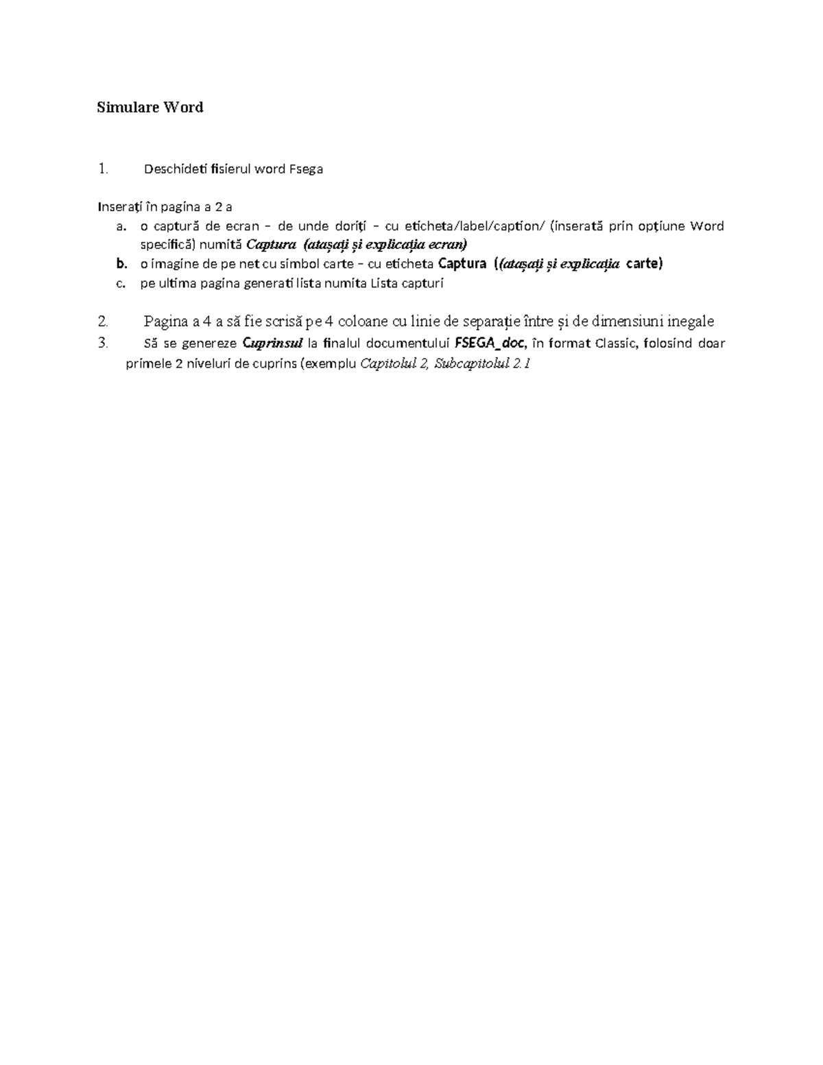 Simulare Word - Proceduri de Inserare și Generare Cuprins FSEGA - Studocu