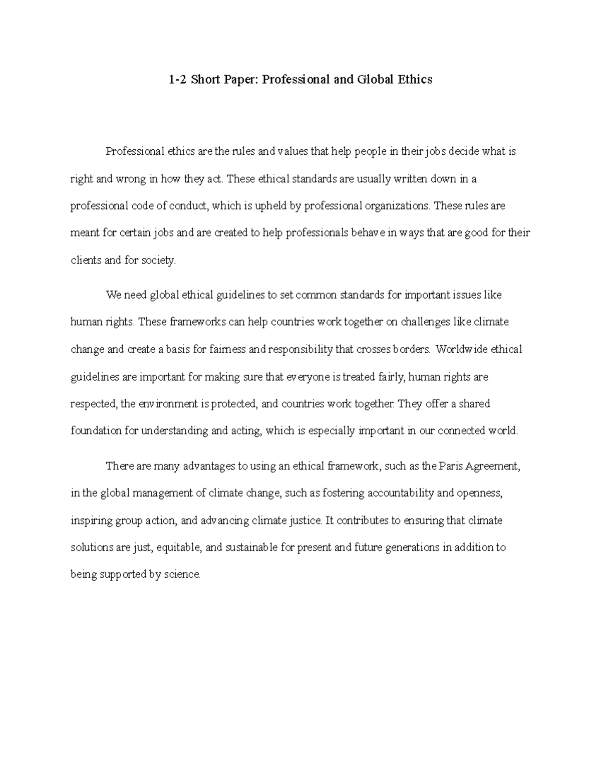PHL218 Short Paper: Global Ethics and Professional Conduct - Studocu