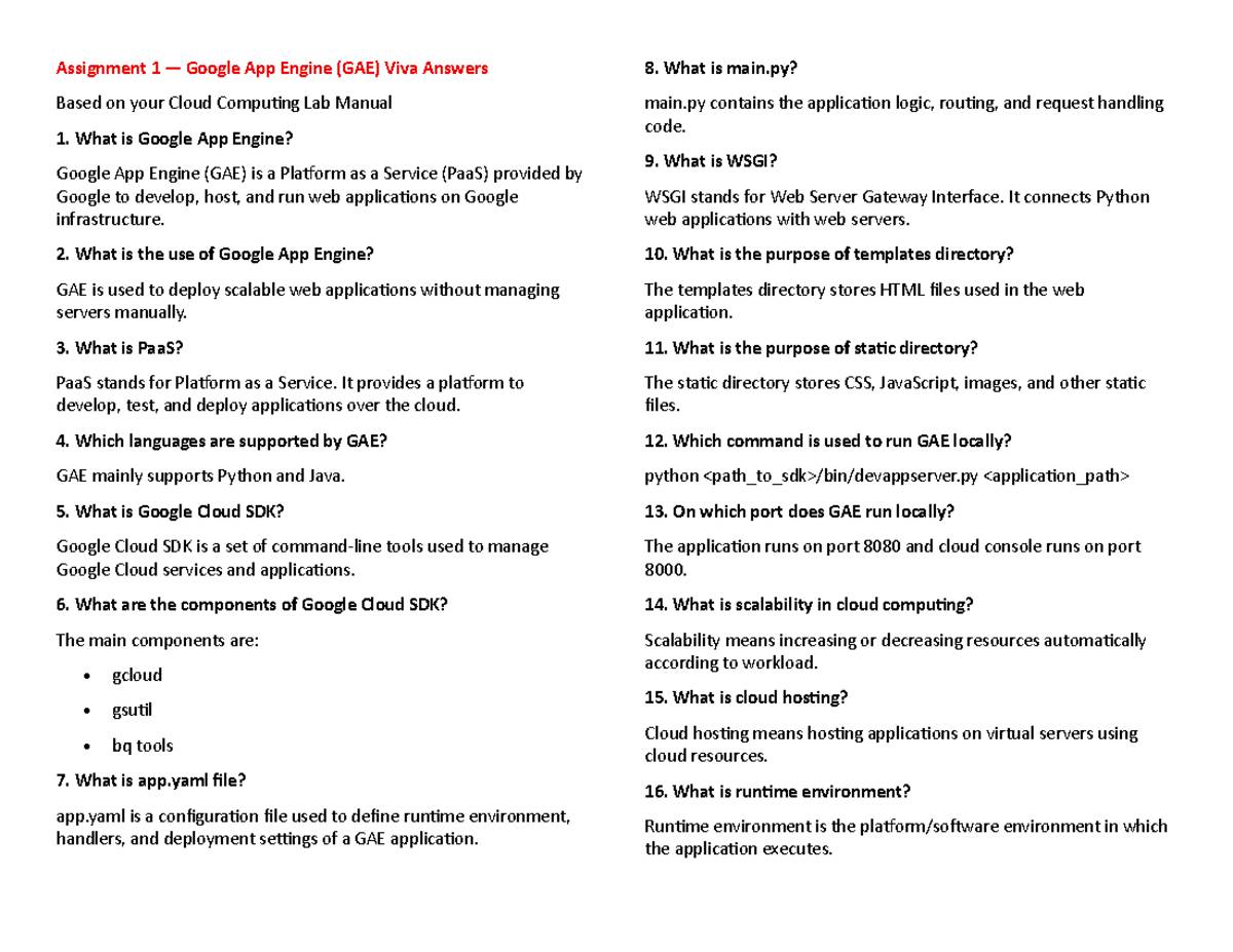 CC Lab Practical: Google App Engine (GAE) Assignment Answers - Studocu