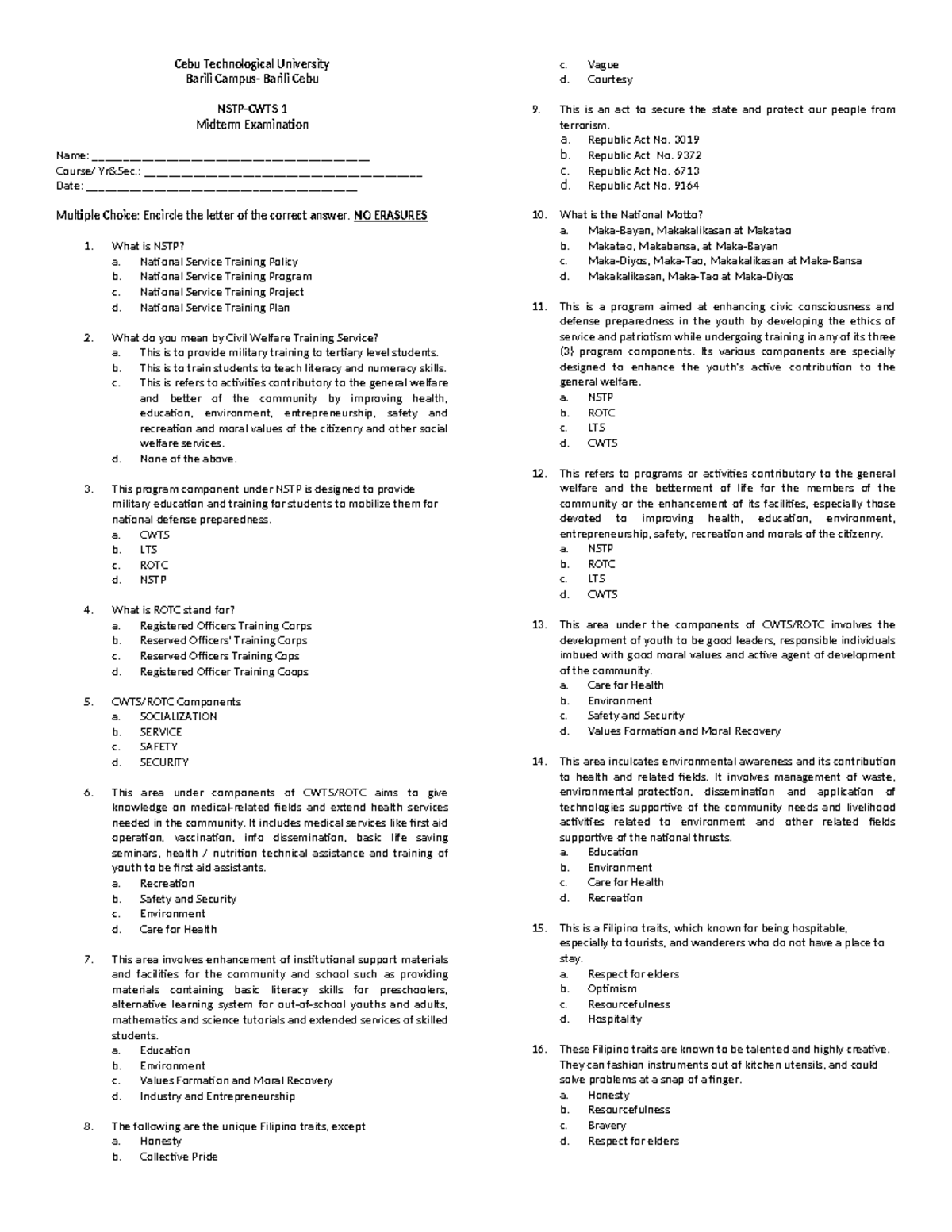 CWTS- Midterm-EXAM - Cebu Technological University Barili Campus ...