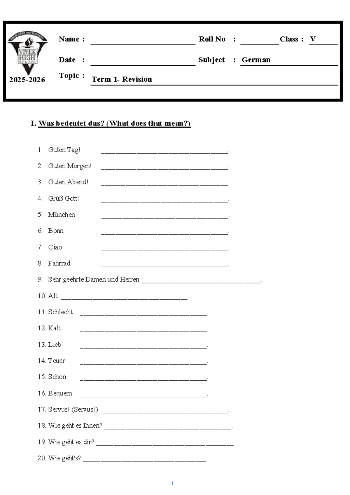 German Term Revision I - Key Phrases and Vocabulary (Class V) - Studocu