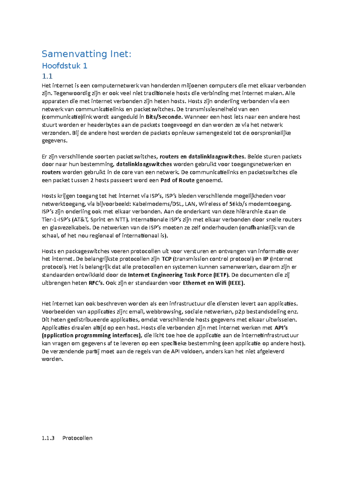 Samenvatting Inet: Hoofdstuk 1 - Inleiding tot Internet Protocollen en ...