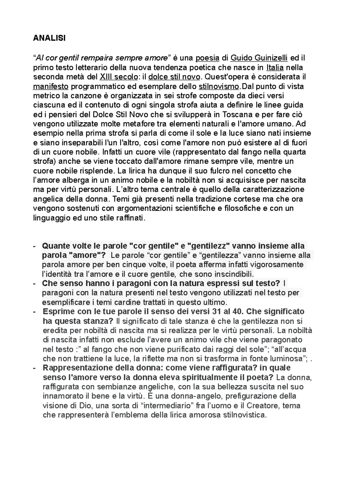 Analisi del Dolce Stil Novo in 'Al cor gentil rempaira' - Appunti - Studocu