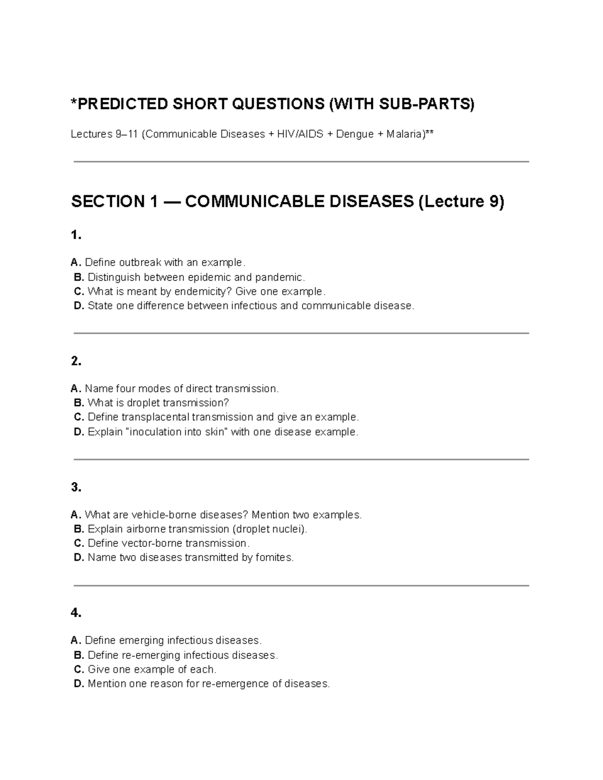 Predicted Short Questions for Communicable Diseases (Lecture 9-11 ...