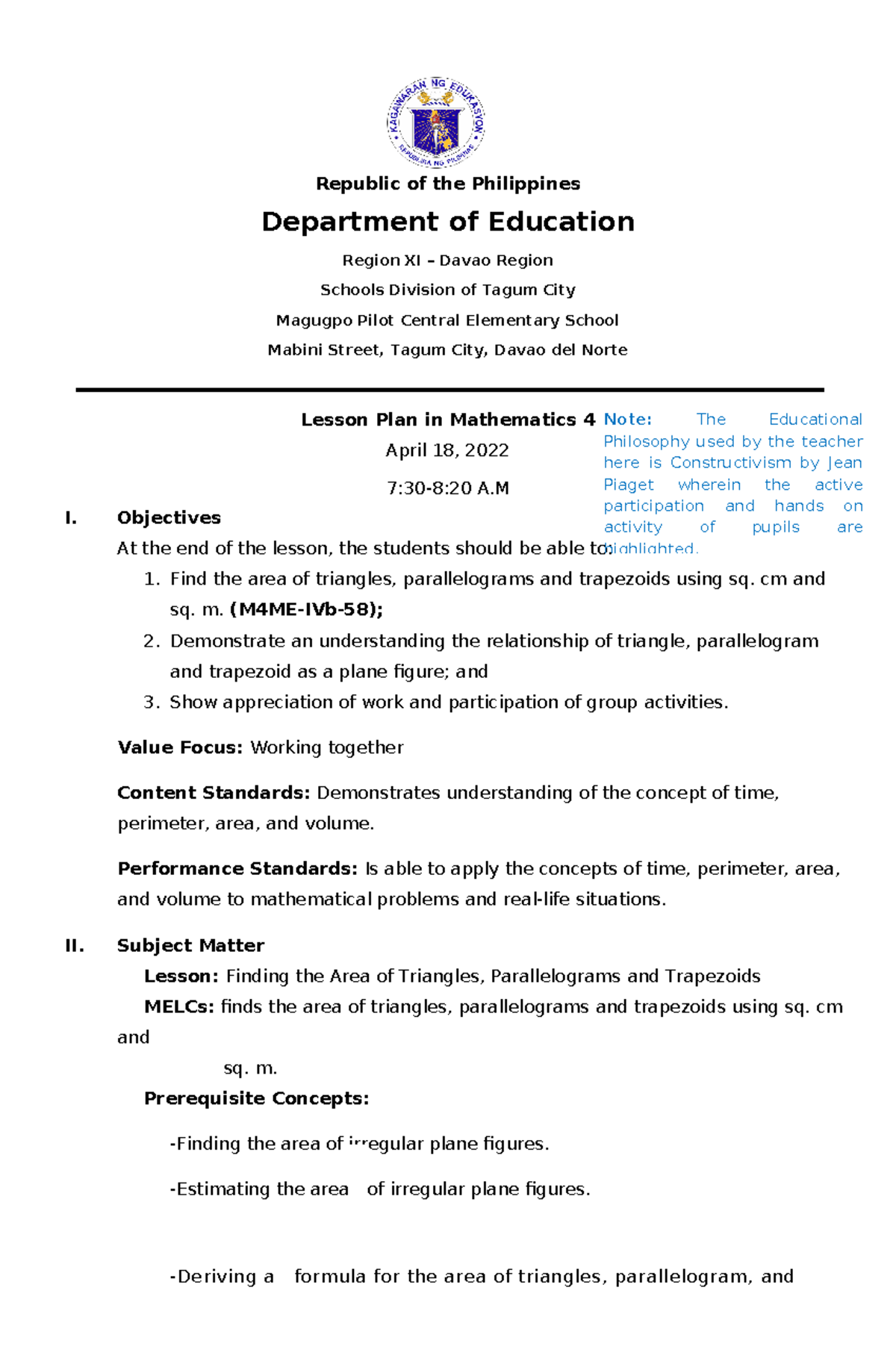 COT-2-MATH-4-Q4-WEEK-1-Lesson-Plan: Area of Triangles & Parallelograms ...