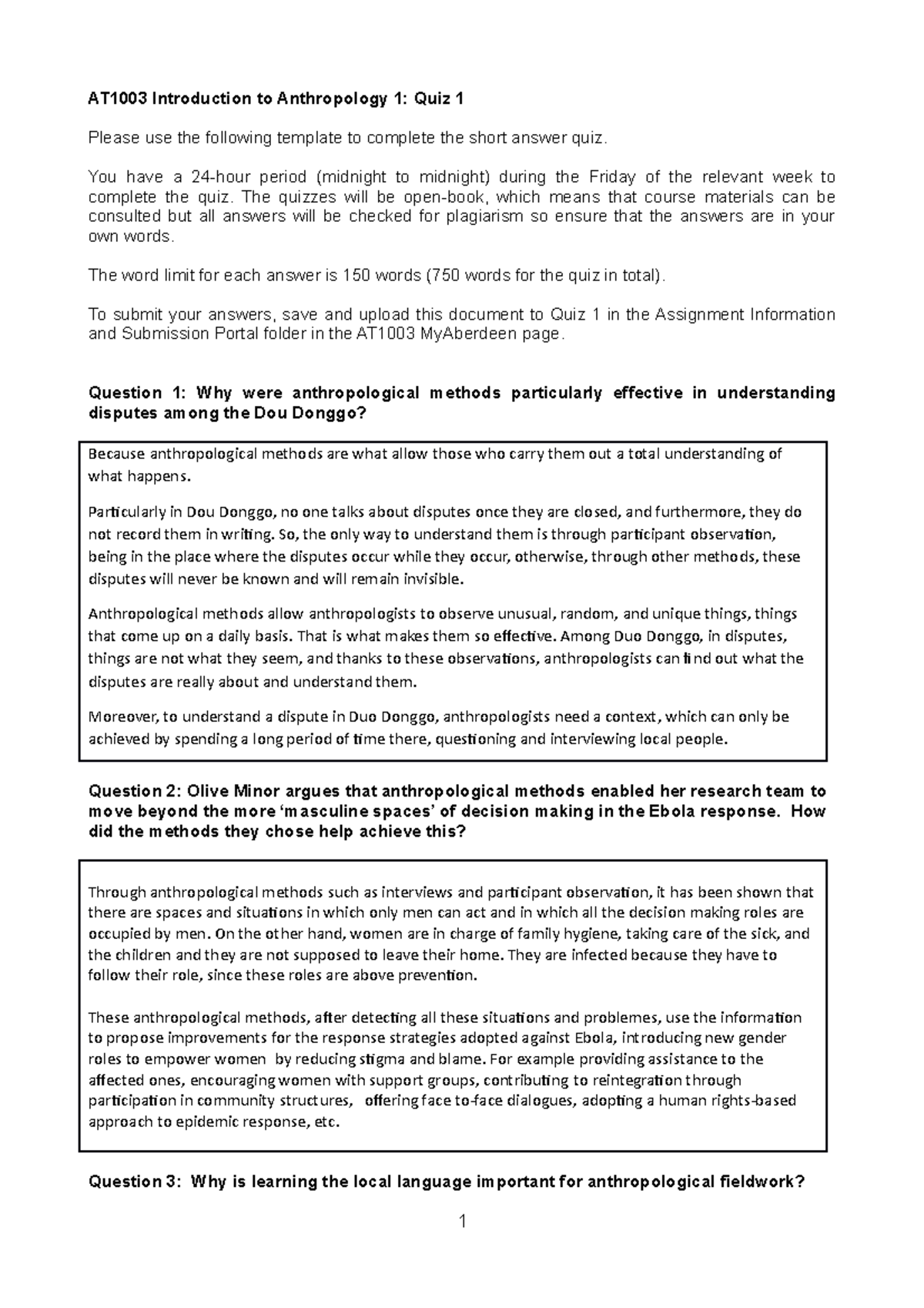 Quiz 1 - First quiz - AT1003 Introduction to Anthropology 1: Quiz 1 ...