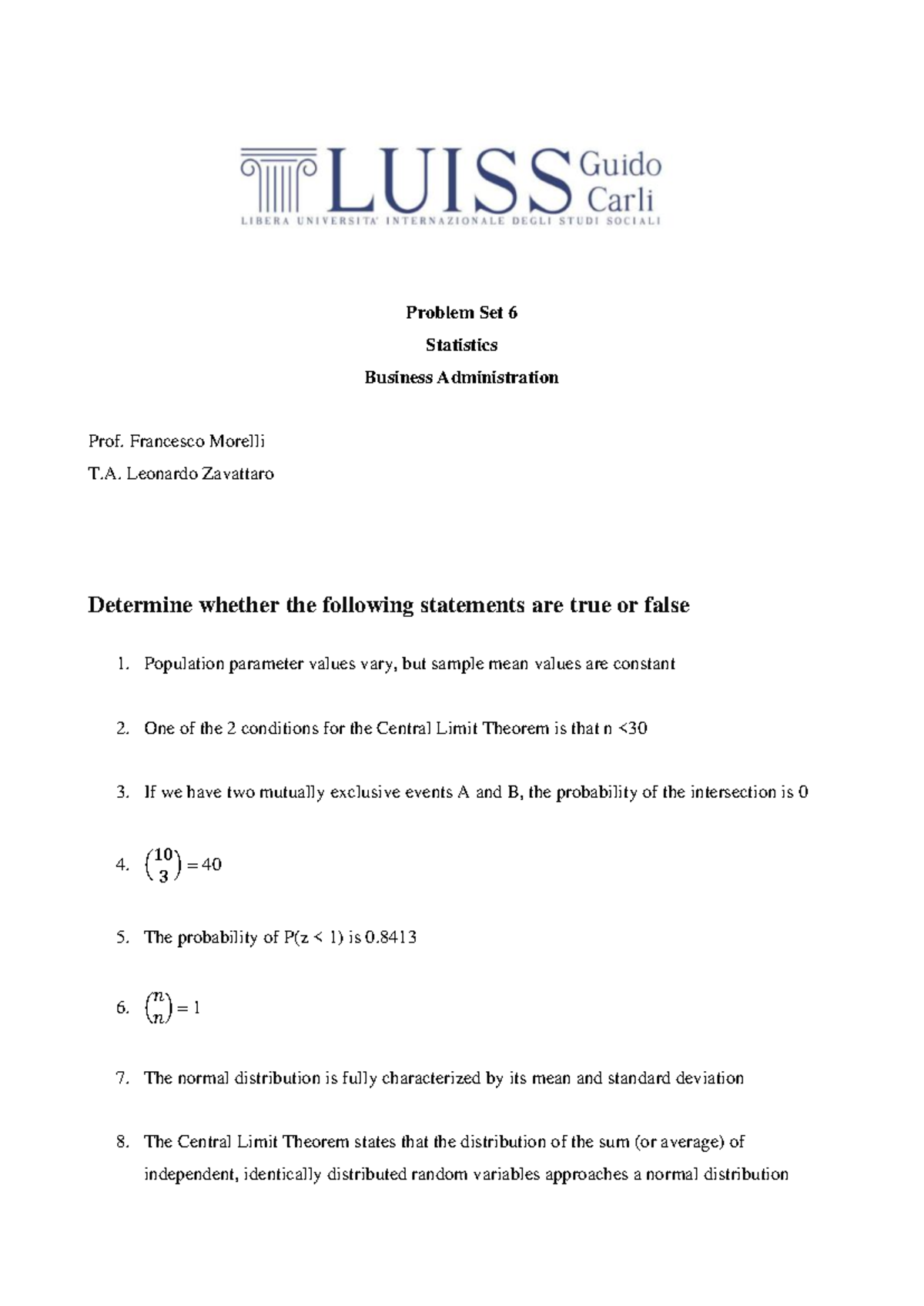 Problem Set 6: True/False Questions in Statistics (BA 101) - Studocu