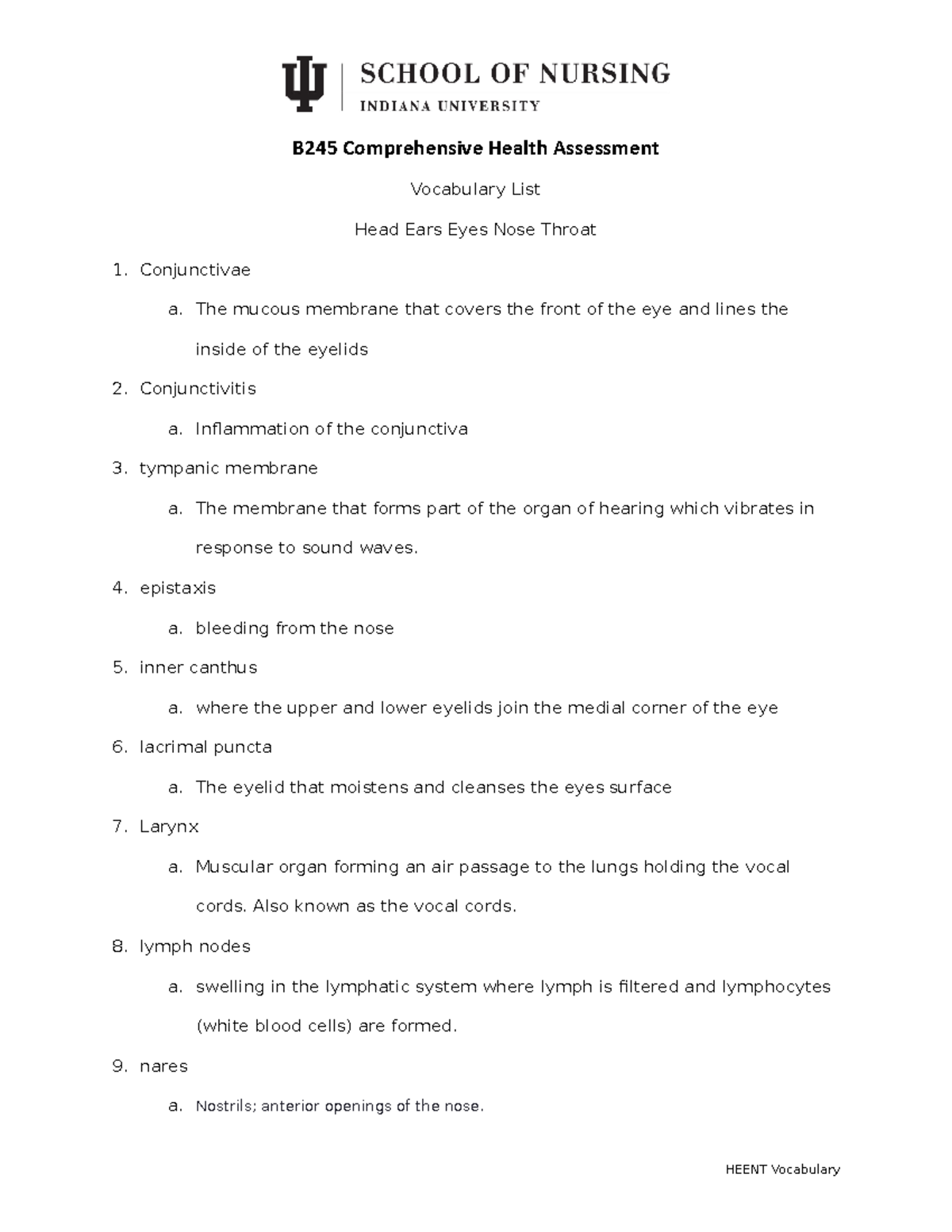 B245 HEENT Vocabulary Notes: Head, Ears, Eyes, Nose, Throat - Studocu