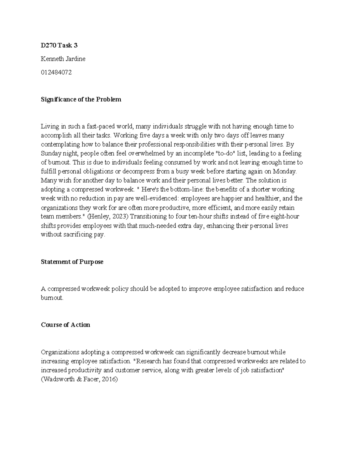 RHM3 Task 3 - The Benefits of a Compressed Workweek for Employee Well ...