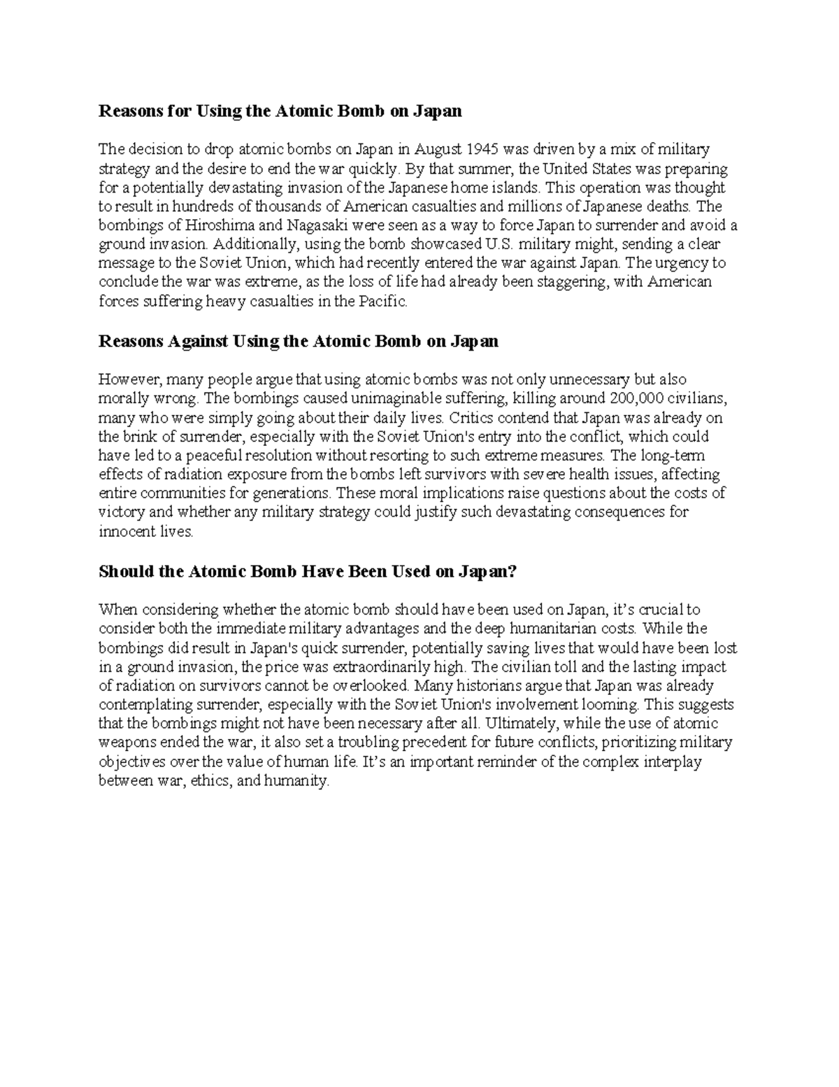 The Ethical Dilemma of the Atomic Bomb: A Study on Japan's Surrender (5 ...