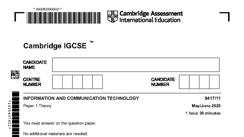 Cambridge IGCSE 0417 ICT Paper 1 Theory 2025 - Question Paper - Studocu