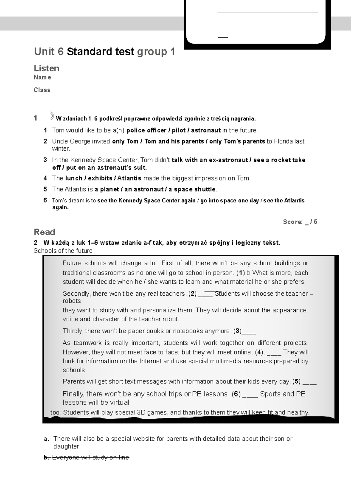 Klasa 6 - Sprawdzian Unit 6: Test Standardowy i Ćwiczenia - Studocu