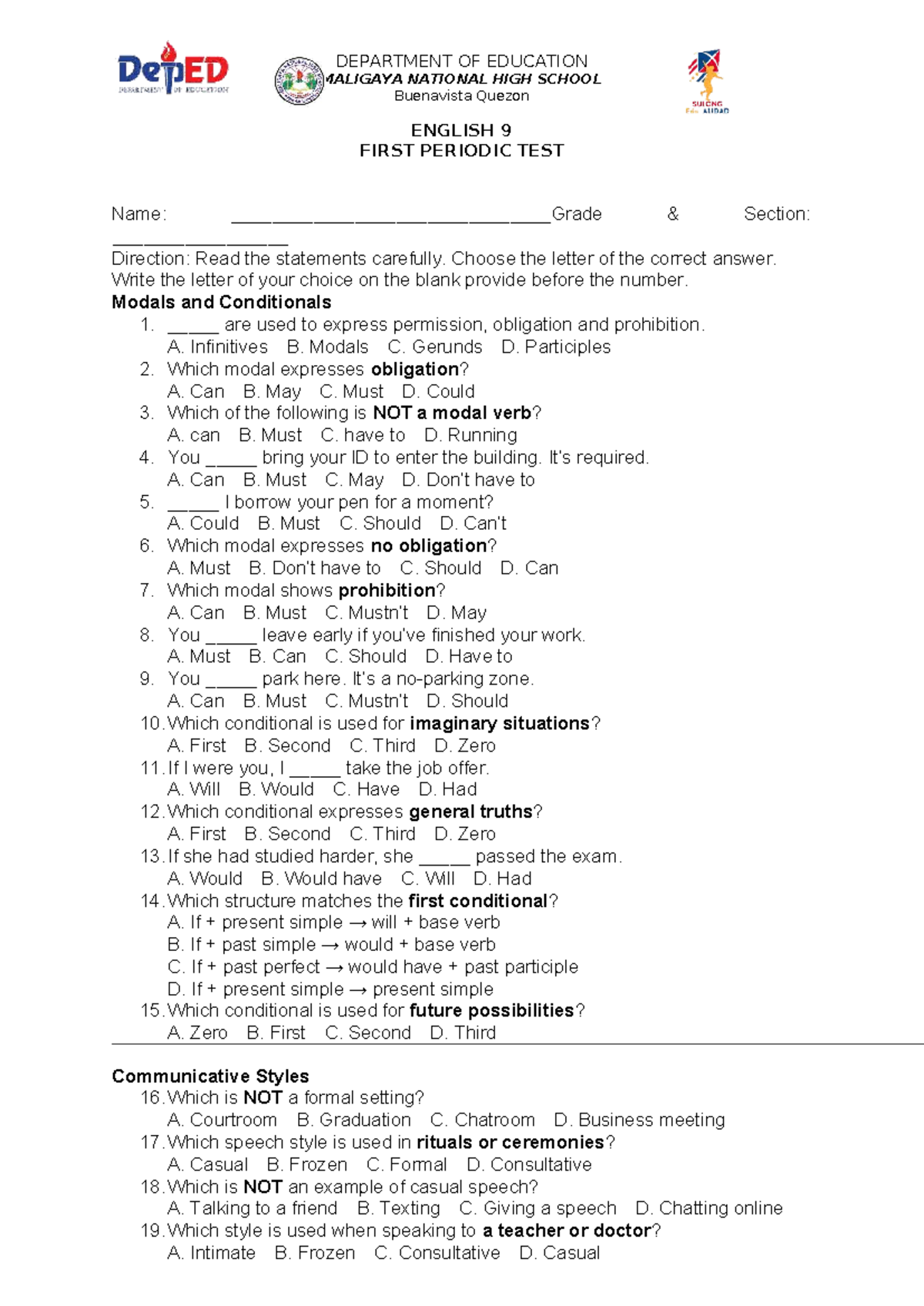 PT ENG9 Q1 - First Periodic Test on Modals & Conditionals - Studocu