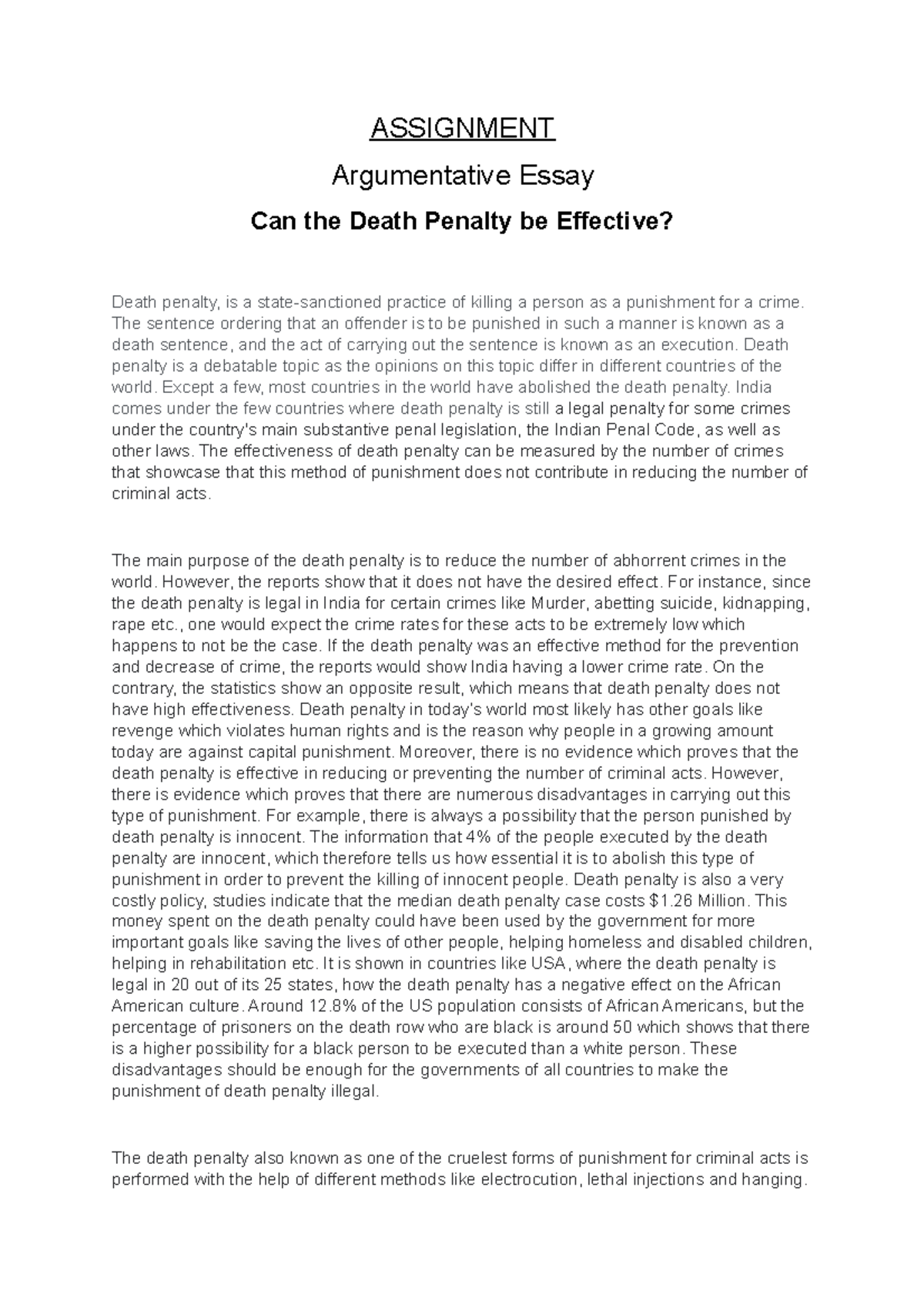 Argumentative Essay on the Effectiveness of the Death Penalty - Studocu