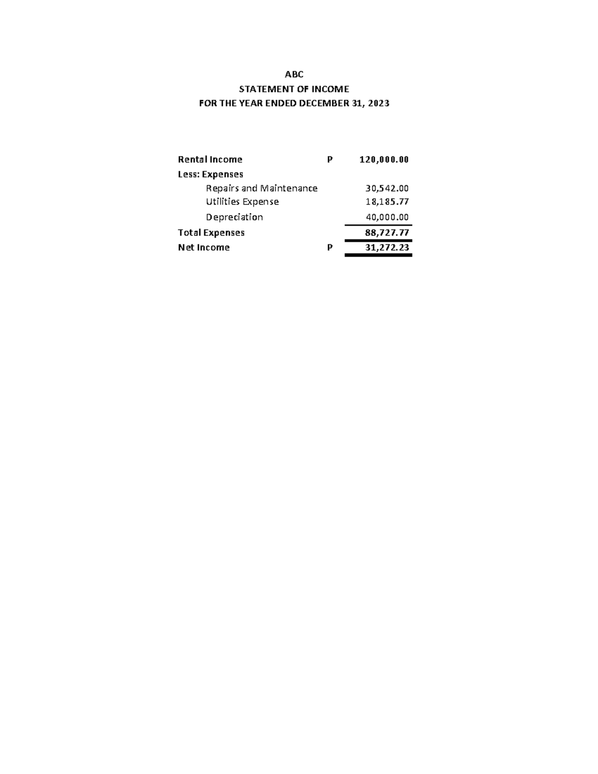 Sample FS: Income Statement & Cash Flows for Year Ended Dec 31, 2023 ...