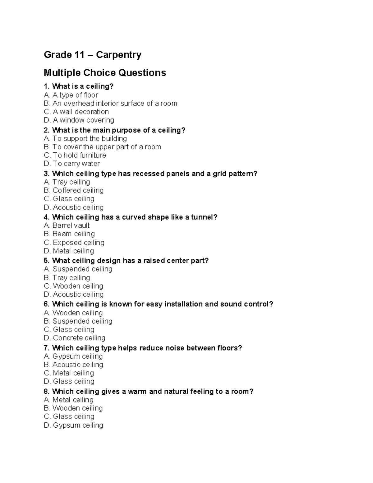 QUIZ 1 - Grade 11 Carpentry: Multiple Choice Questions on Ceilings ...