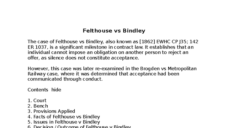 Felthouse vs Bindley: Key Insights on Contract Law Principles - Studocu