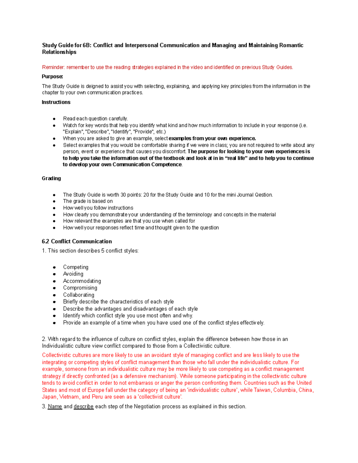 Study Guide for 6B: Conflict & Interpersonal Comm. in Relationships ...