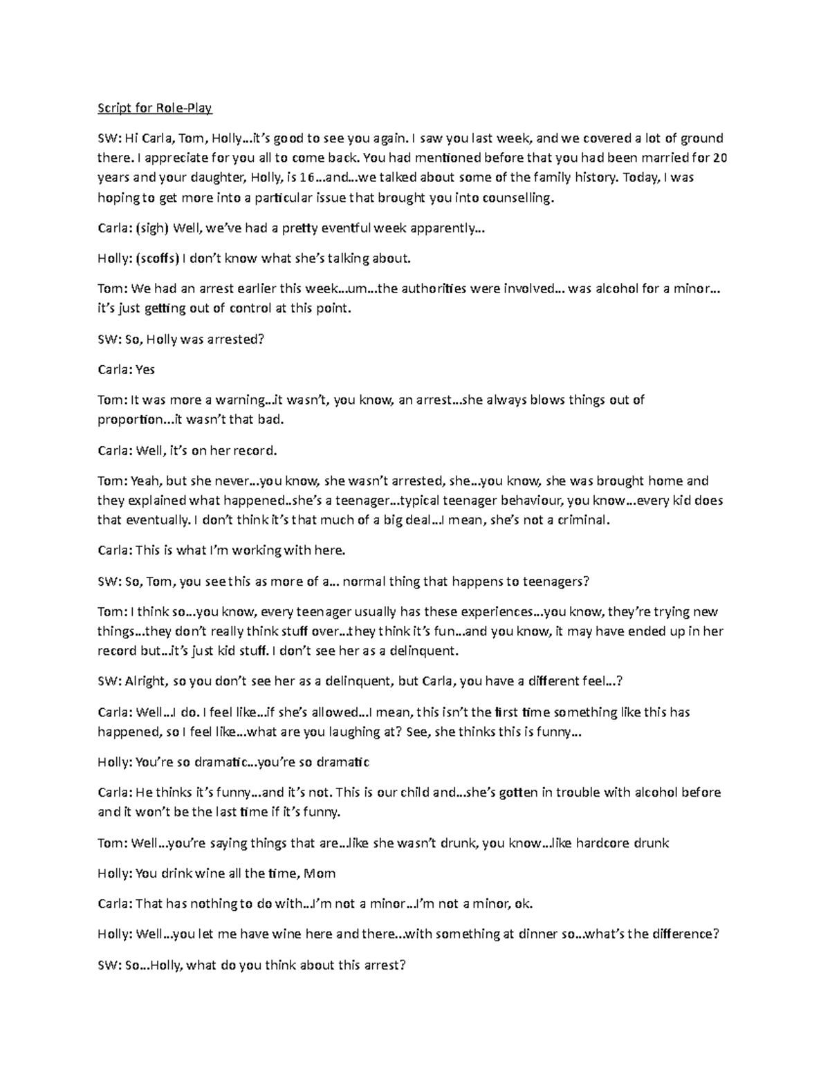 Script for SW: Role-Play Session with Family Counseling Dynamics - Studocu