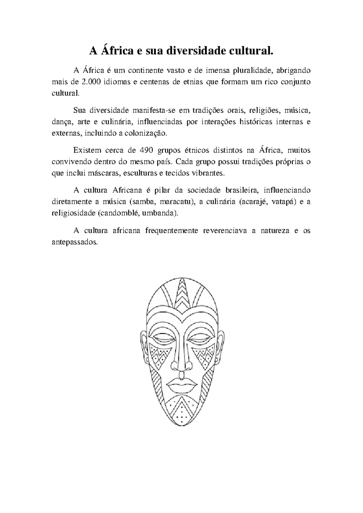 A Diversidade Cultural da África - 8º Ano - Studocu