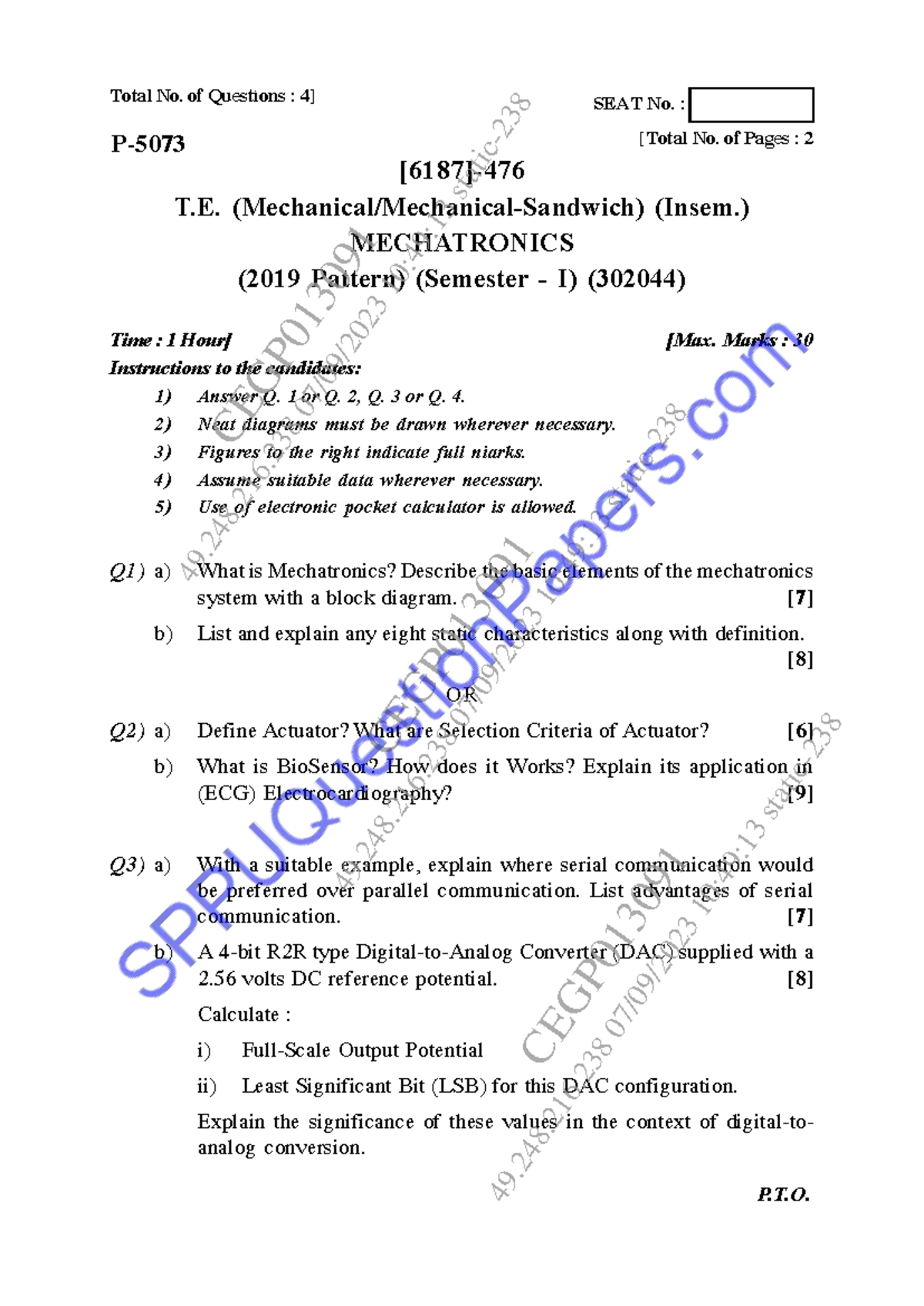 Mechatronics (302044) Insem Exam Notes - Sem 5, Oct 2023 - Studocu