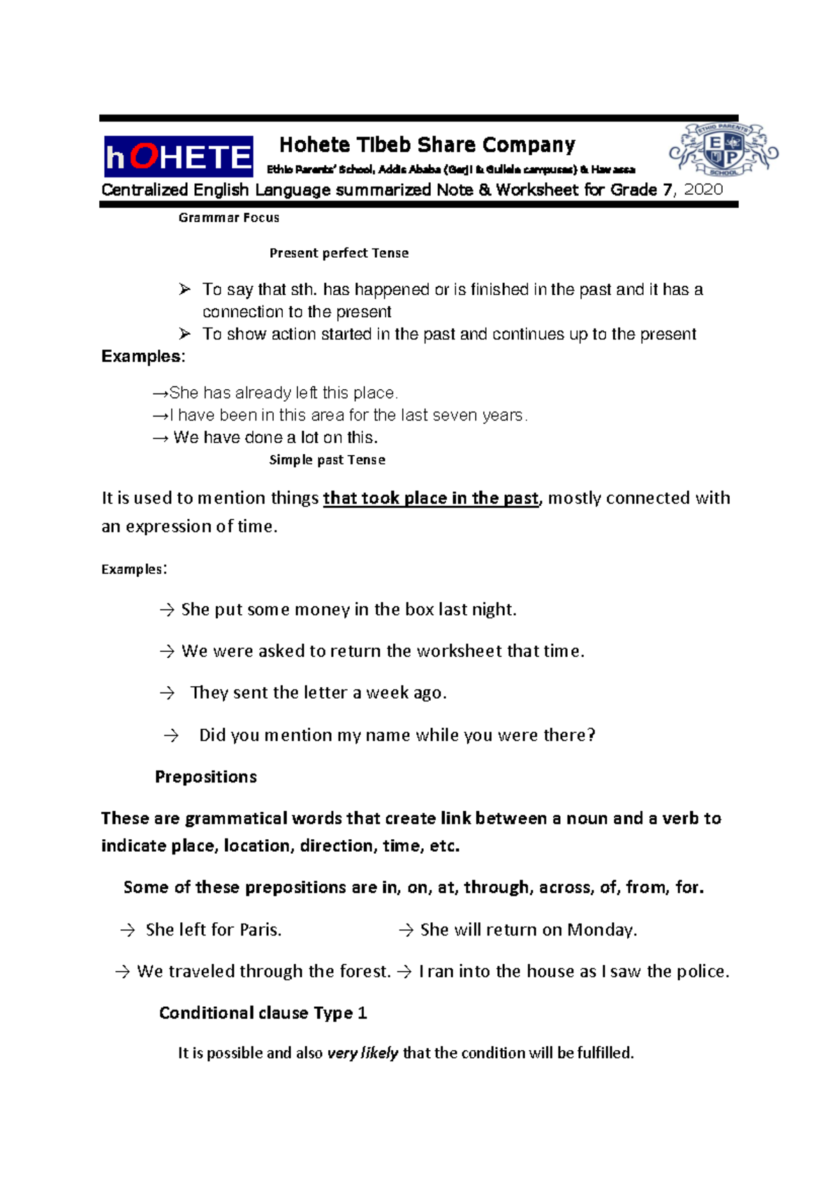 Centralized English Language Note & Worksheet on Tenses for Grade 7 ...