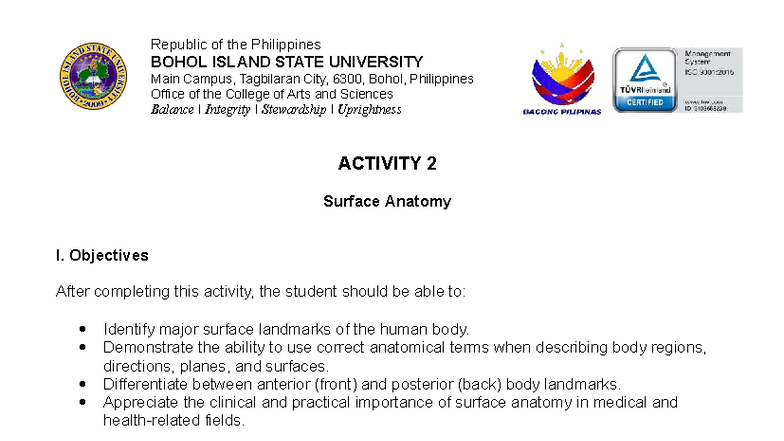Activity 2: Surface Anatomy - Identifying Body Landmarks - Studocu