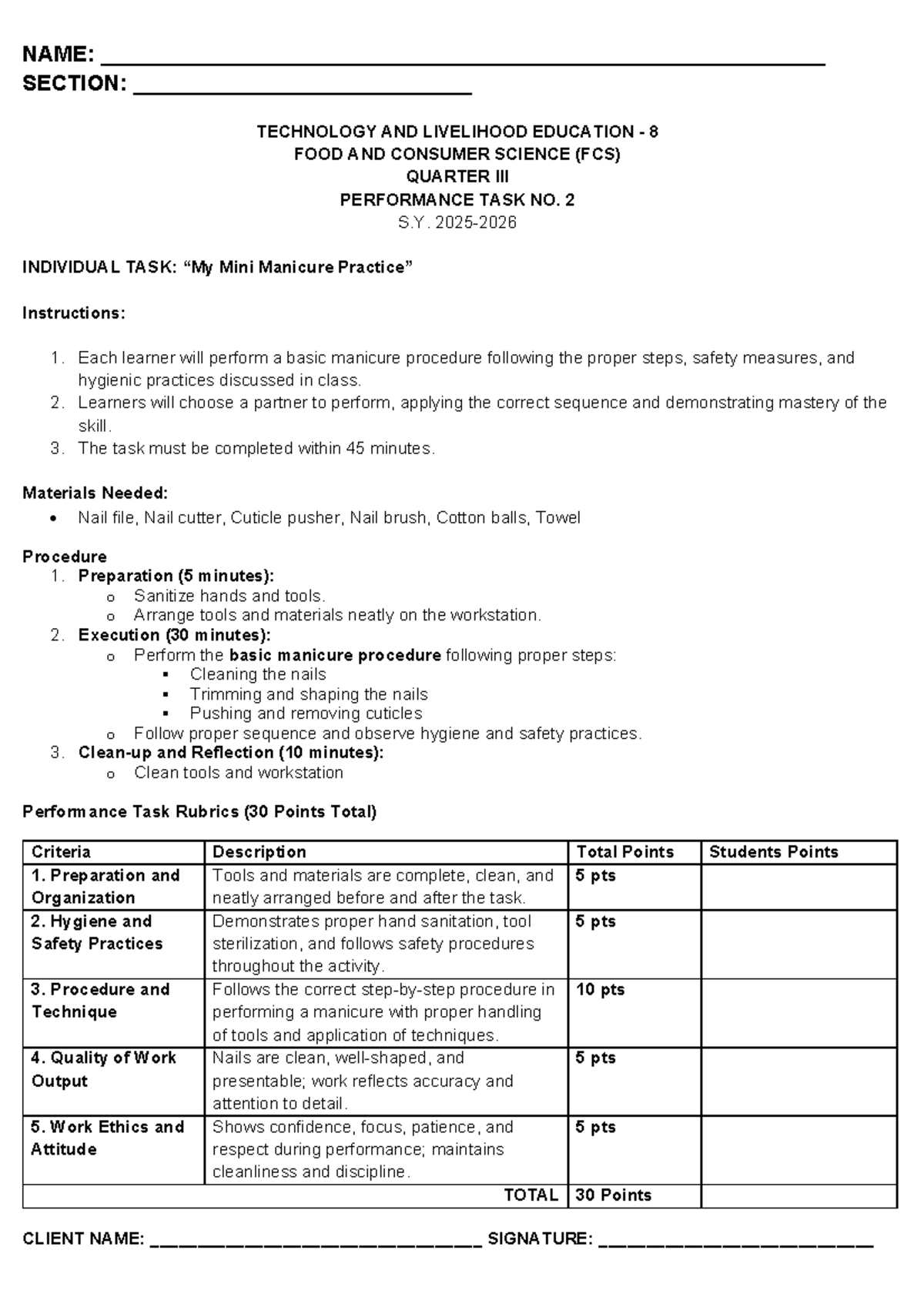 FCS 8 Performance Task 2: Mini Manicure Instructions and Rubric - Studocu