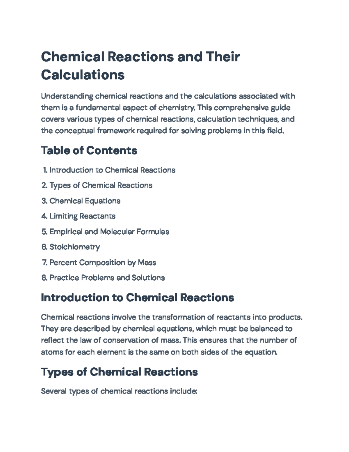 Chemical Reactions and Calculations Guide (Chem 101: Lecture Notes ...