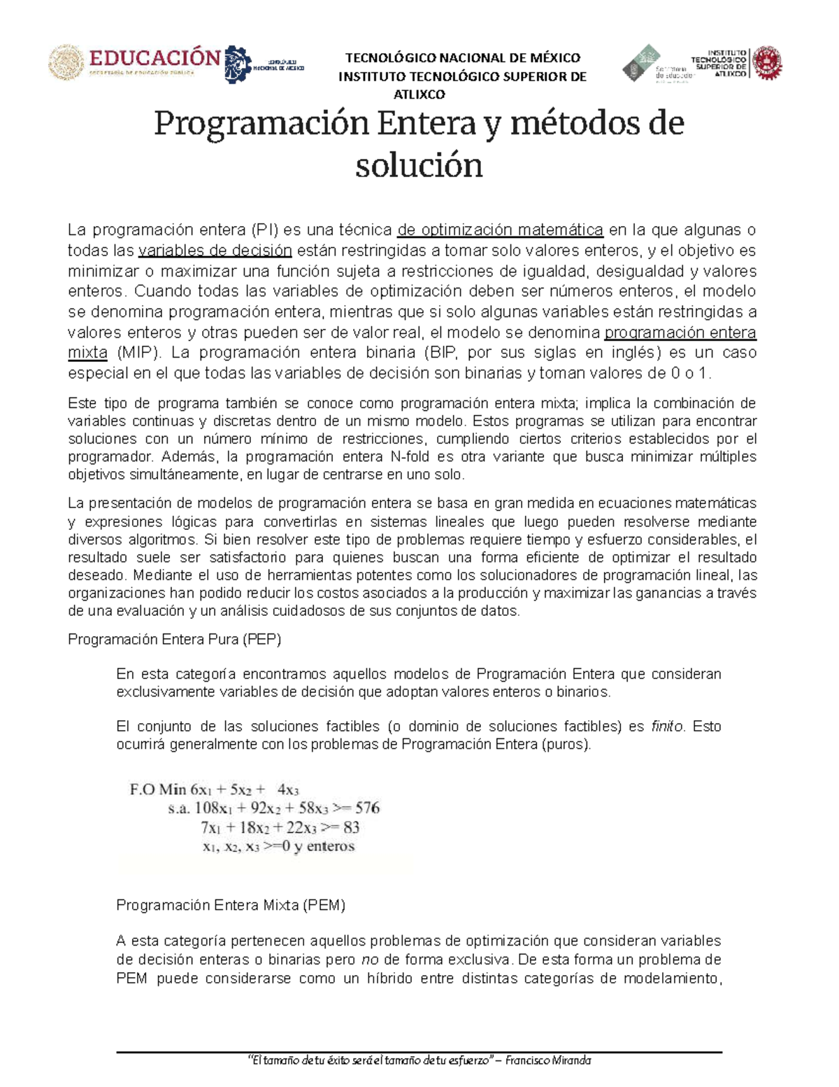 Programación Entera y Métodos de Solución - HPL - Studocu