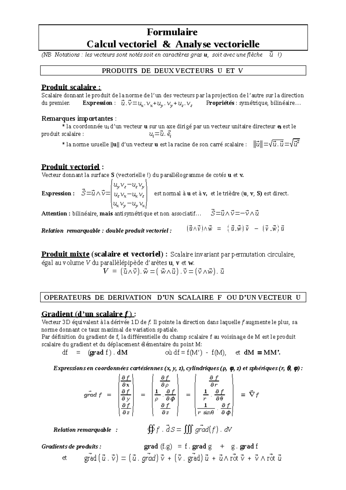 Formulaire d'analyse vectorielle - Formulaire Calcul vectoriel ...