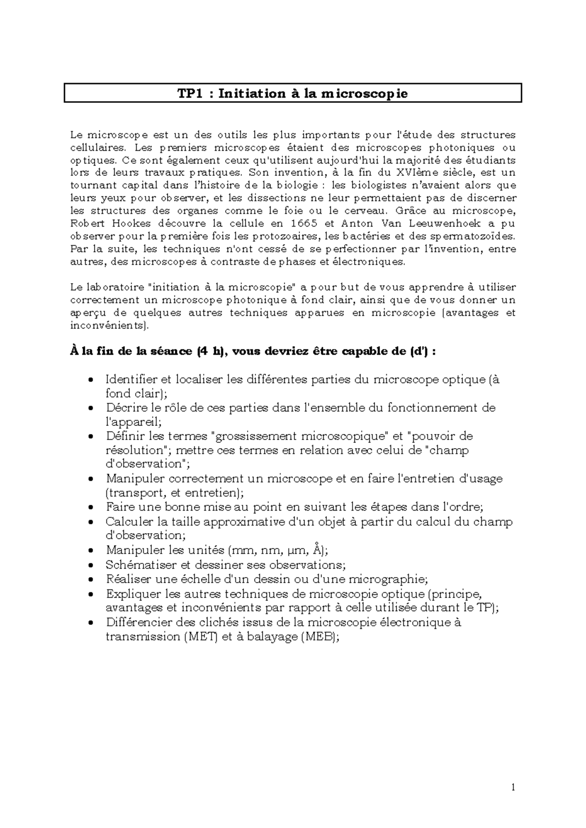 Biolf 103 Fascicule dintroduction TP1 - TP1 : Initiation à la microscopie Le microscope est un ...