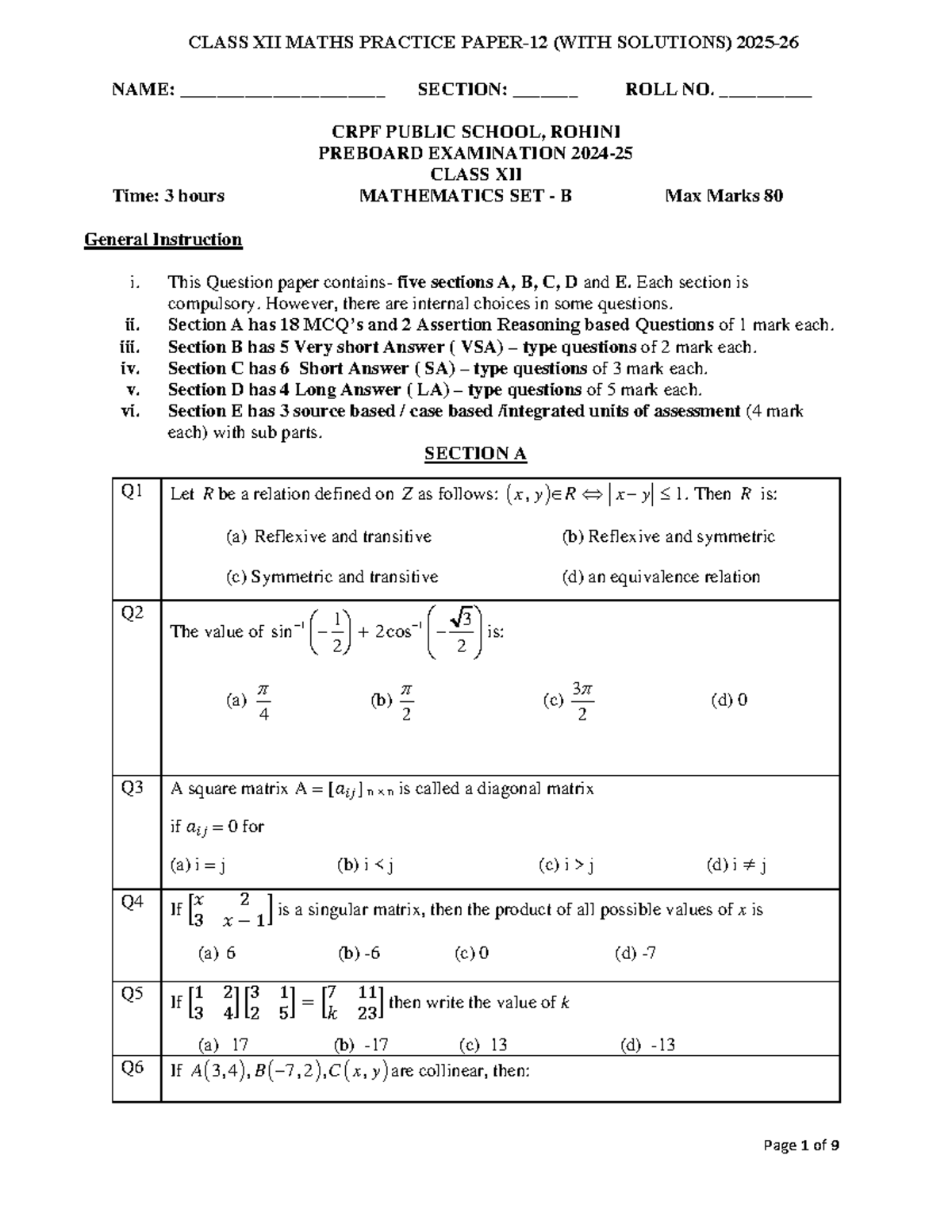 Class XII Maths Preboard Exam Practice Paper-12 (With Solutions) - Studocu