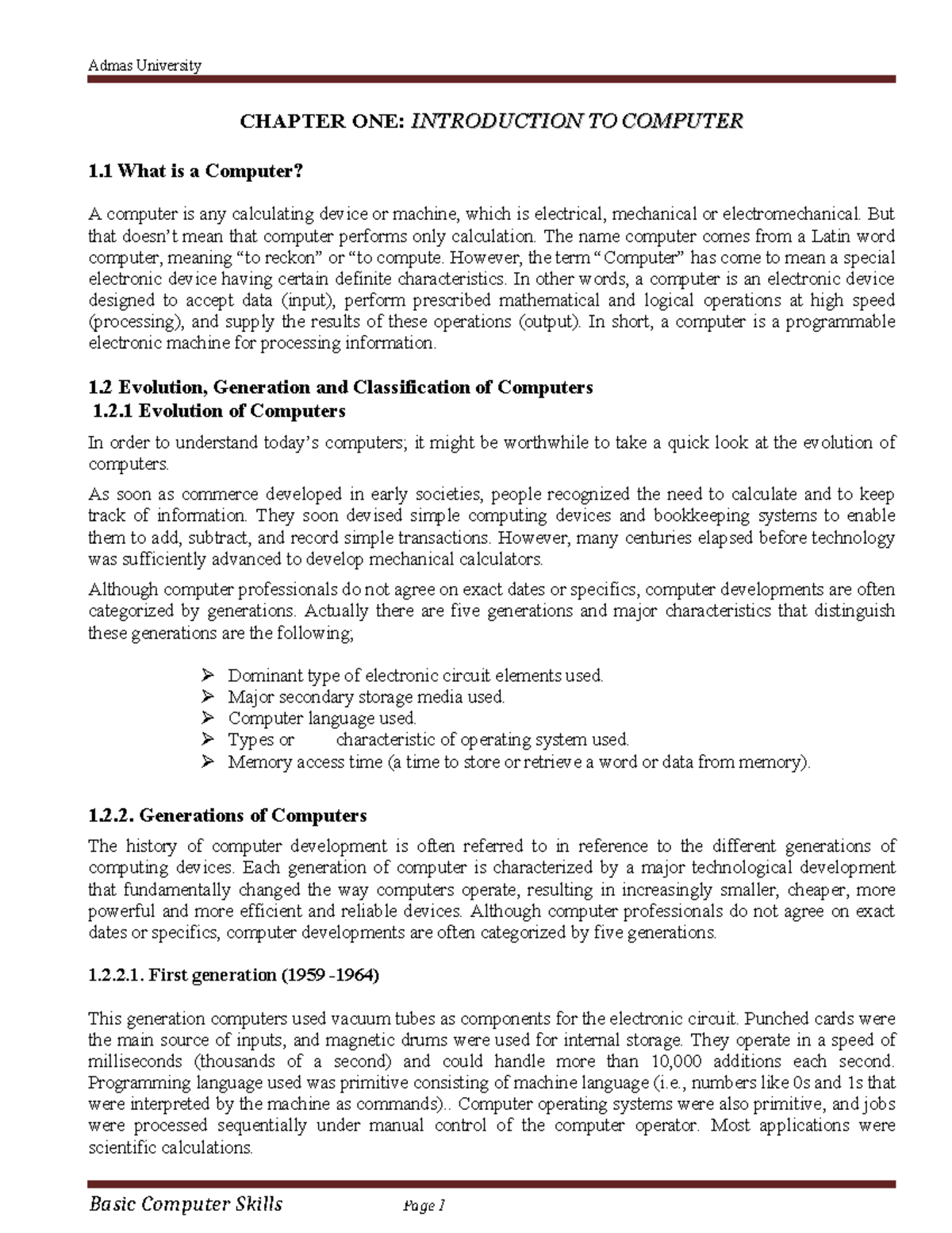 Admas University Basic Computer Skills: Chapter 1 & 2 Notes - Studocu