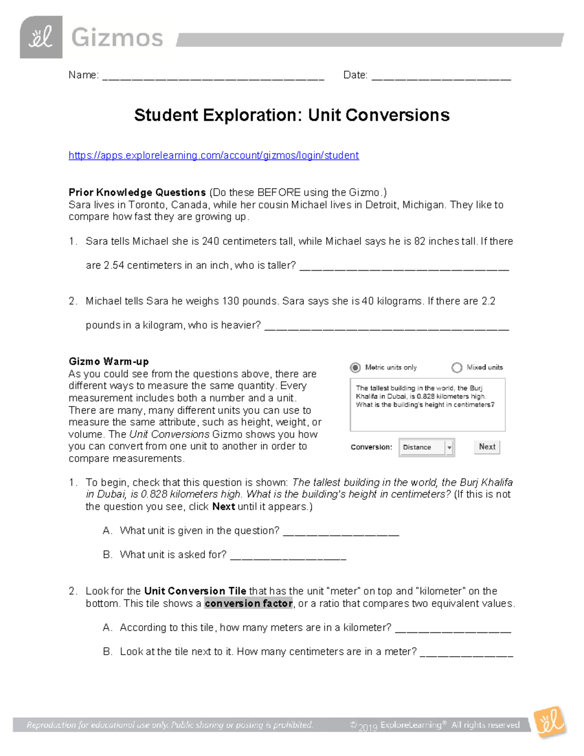 Lab 1: Unit Conversions Gizmos (Course 2425) - Student Worksheet - Studocu