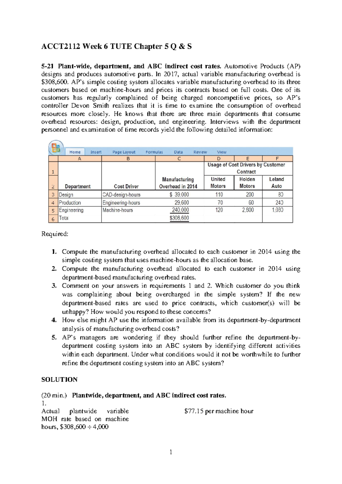 ACCT2112 Week 6 TUTE: Chapter 5 Solutions on Manufacturing Overhead ...